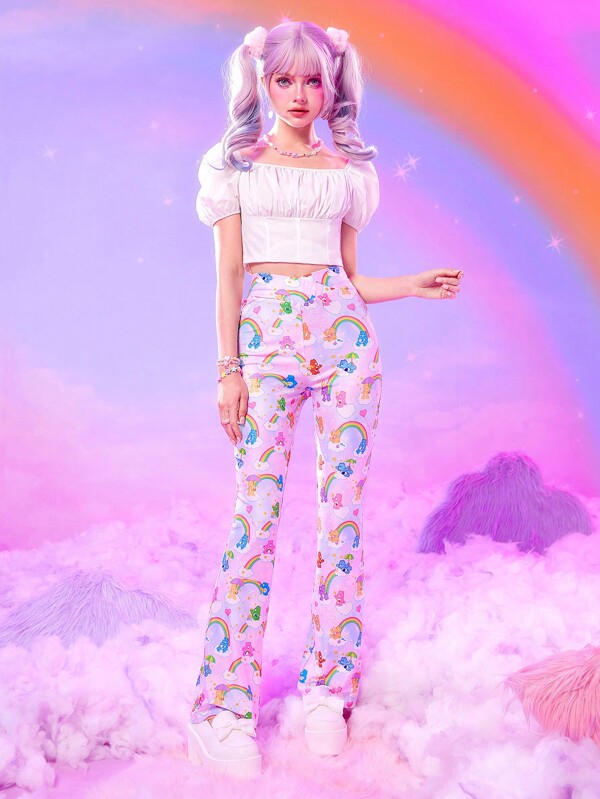 ROMWE X Care Bears Rainbow & Bear Print Flare Leg Trousers | SHEIN UK