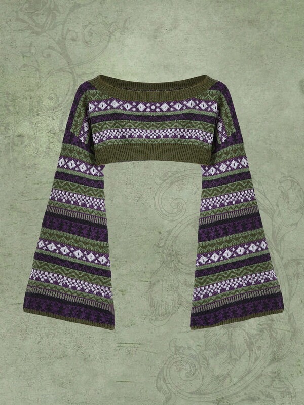 Fairycore Geo Pattern Bell Sleeve Crop Sweater | SHEIN USA