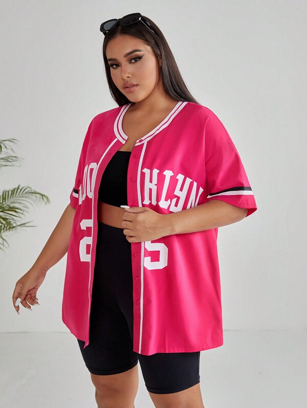 Shein Coolane Plus Letter Graphic Contrast Piping Drop Shoulder Blouse