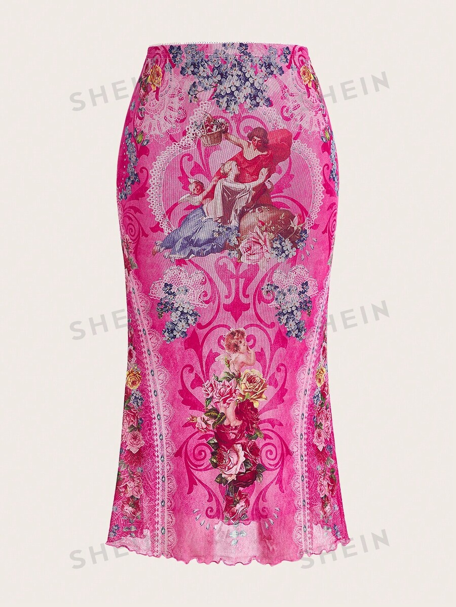 SHEIN ICON Figure & Floral Print Mermaid Hem Skirt | SHEIN USA