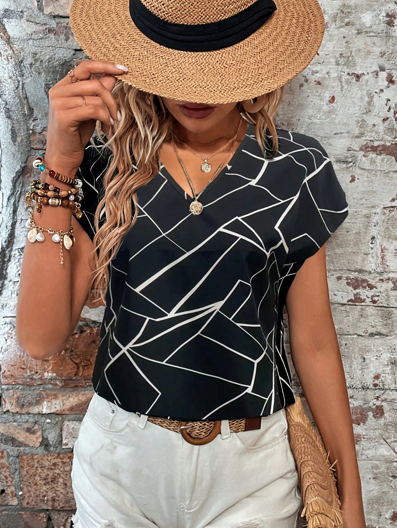 Shein Lune Geo Print Batwing Sleeve Blouse Shein Usa