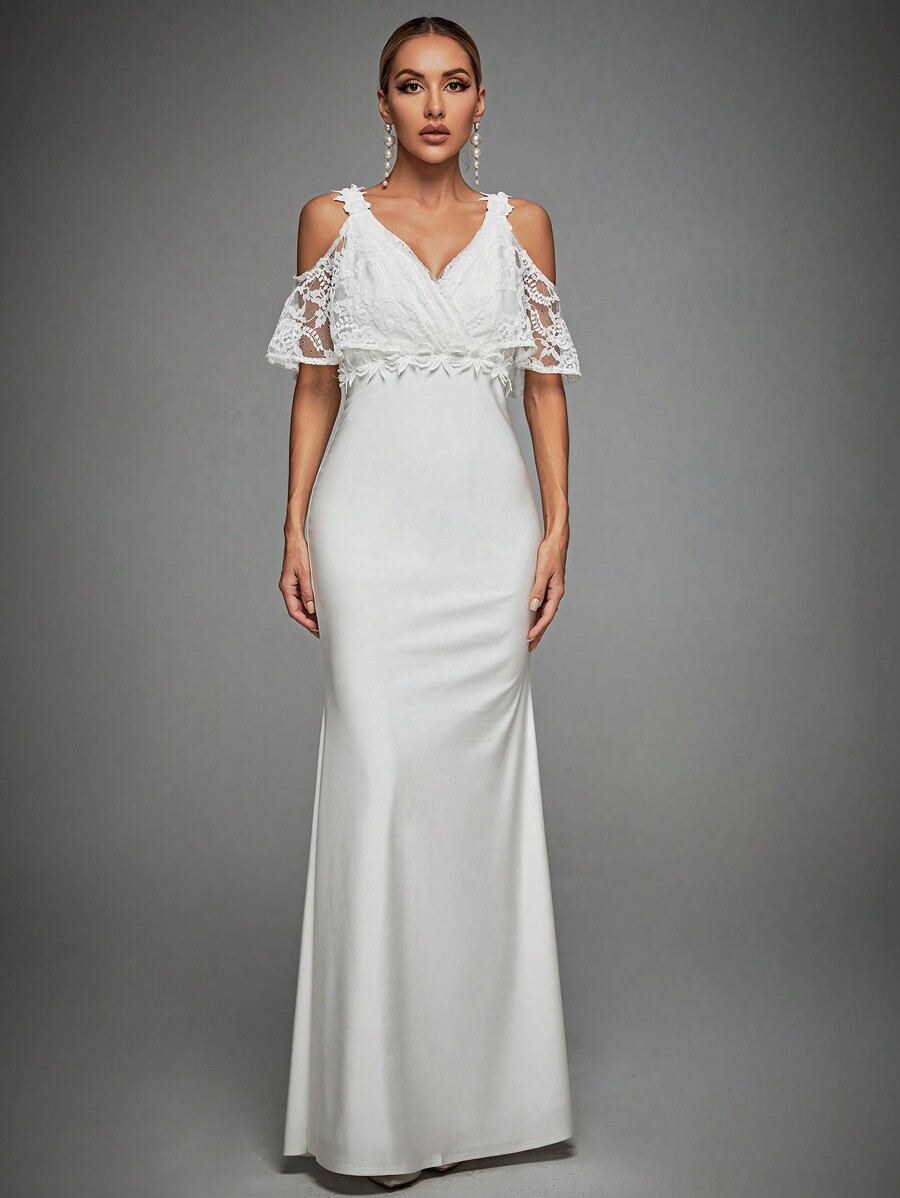 Contrast Lace Cold Shoulder Mermaid Hem Wedding Dress | SHEIN USA