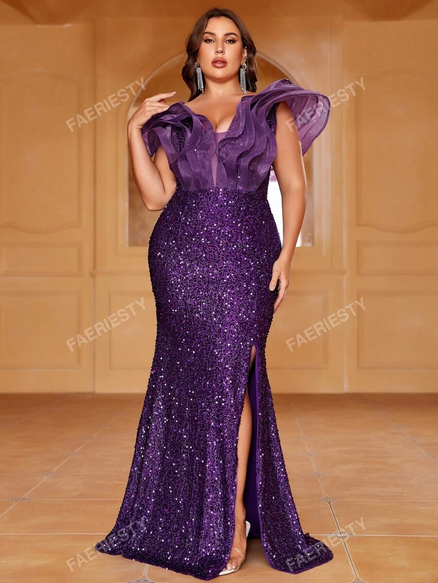 Faeriesty Plus Elegant Sequin-Glitter Gown With Ruffle Sleeves & Side-Slit Mermaid Tail | Luxury ...