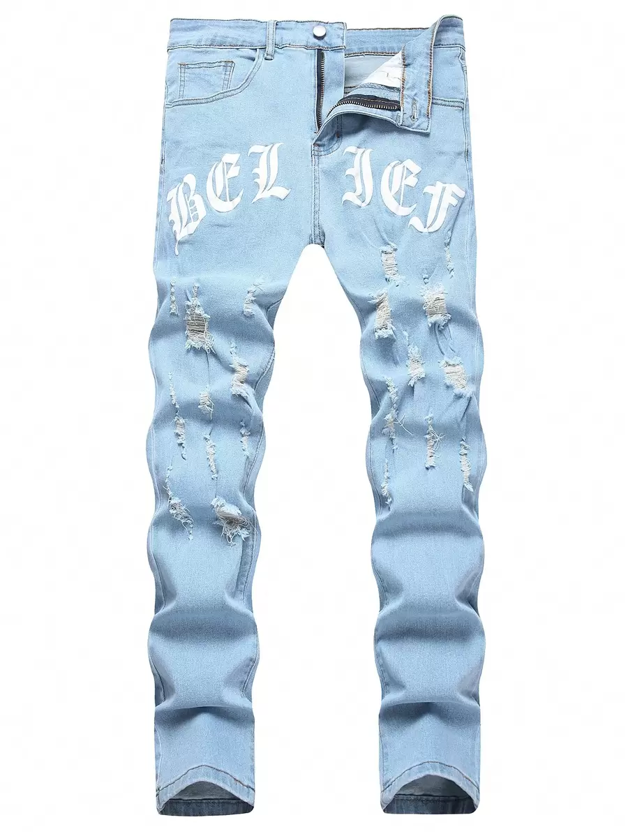 Manfinity Roughcore Heren Katoenen Letter Grafische Ripped Jeans Heren ...