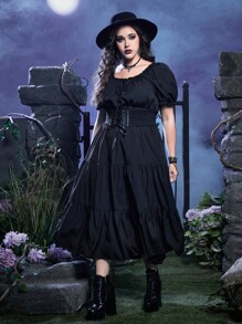 Goth Plus Puff Sleeve Ruffle Hem Dress Without Corset | SHEIN USA