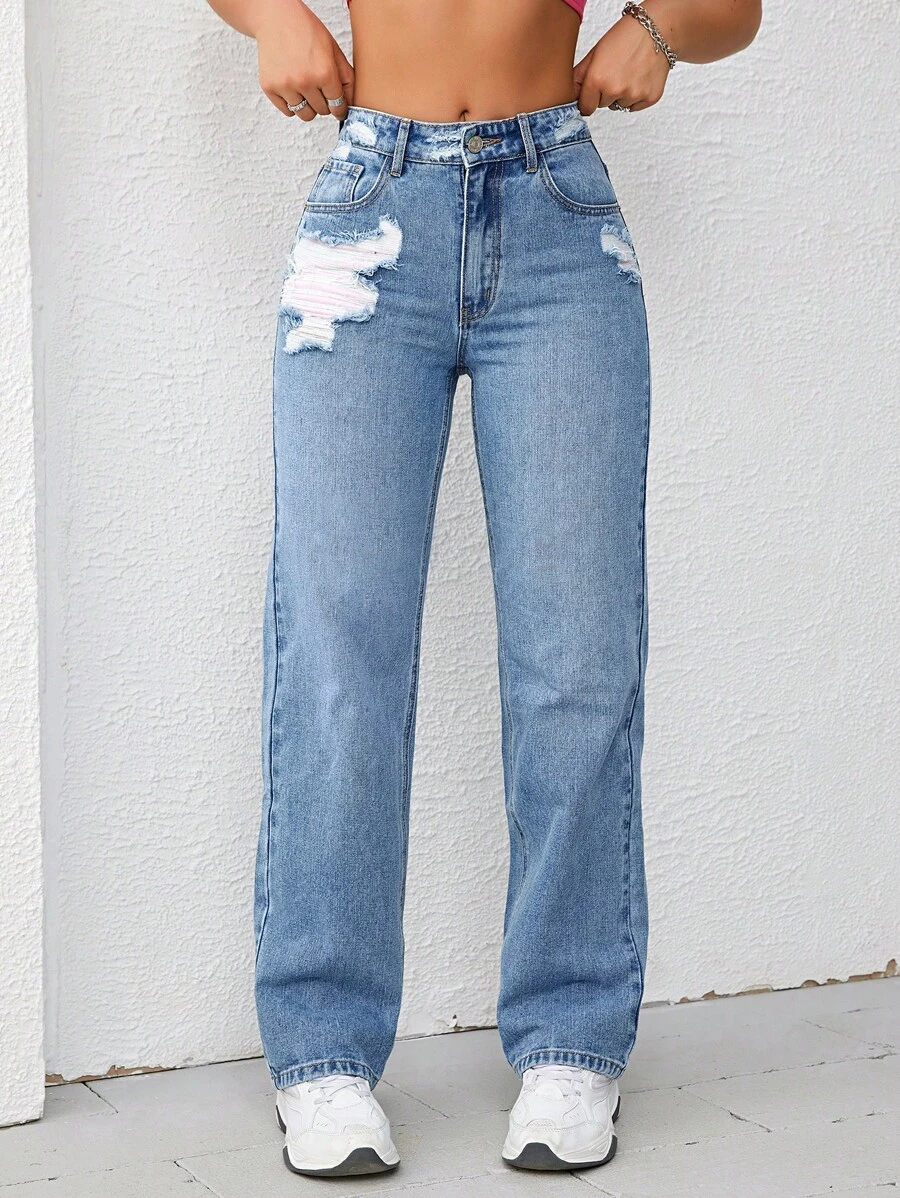 SHEIN EZwear Ripped Straight Leg Jeans | SHEIN USA