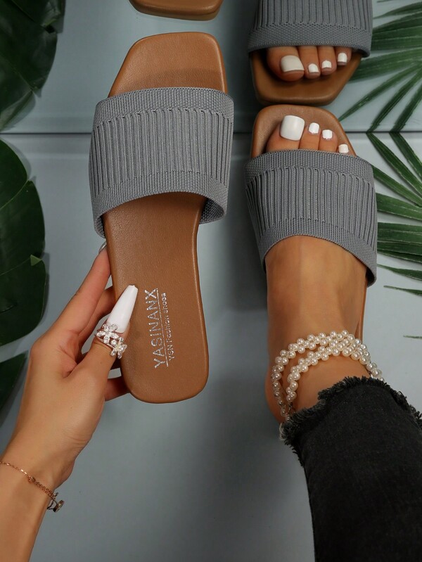 Women Single Band Flat Sandals, Elegant Grey Fabric Slide Sandals ...