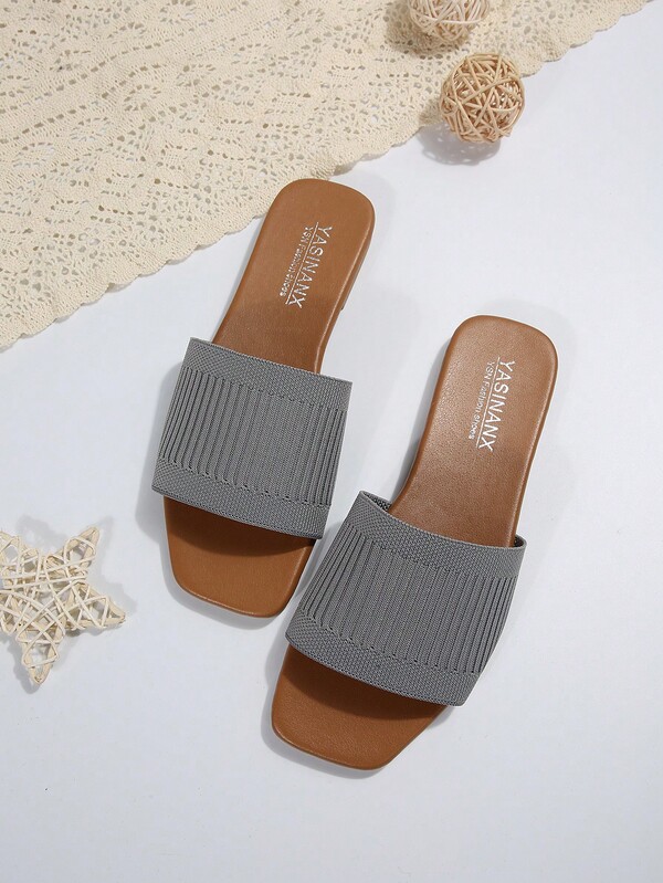 Women Single Band Flat Sandals, Elegant Grey Fabric Slide Sandals ...