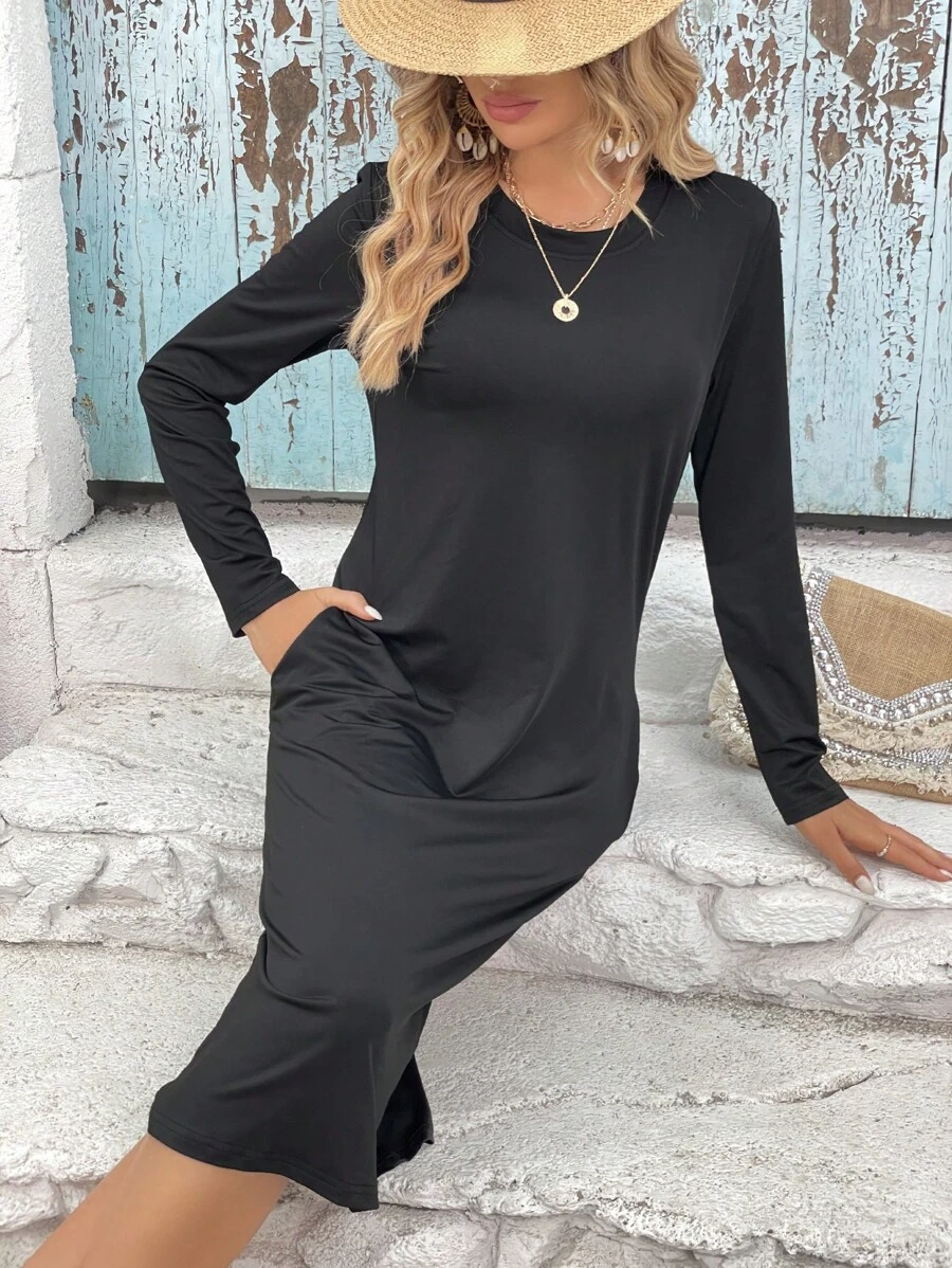 SHEIN Clasi Vestido estilo camiseta unicolor con bolsillo oculto bajo ...