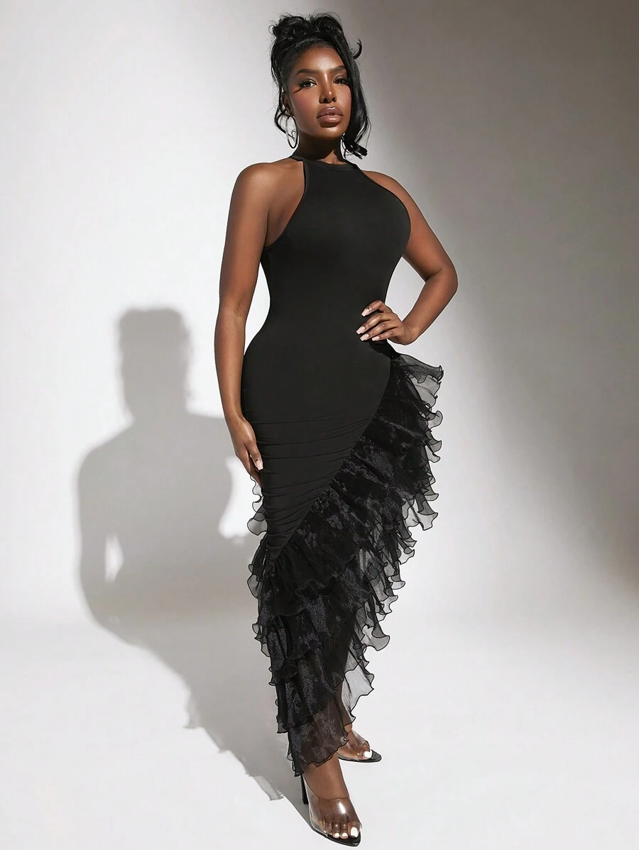 Slaydiva Asymmetrical Layered Ruffle Trim Halter Neck Contrast Mesh ...
