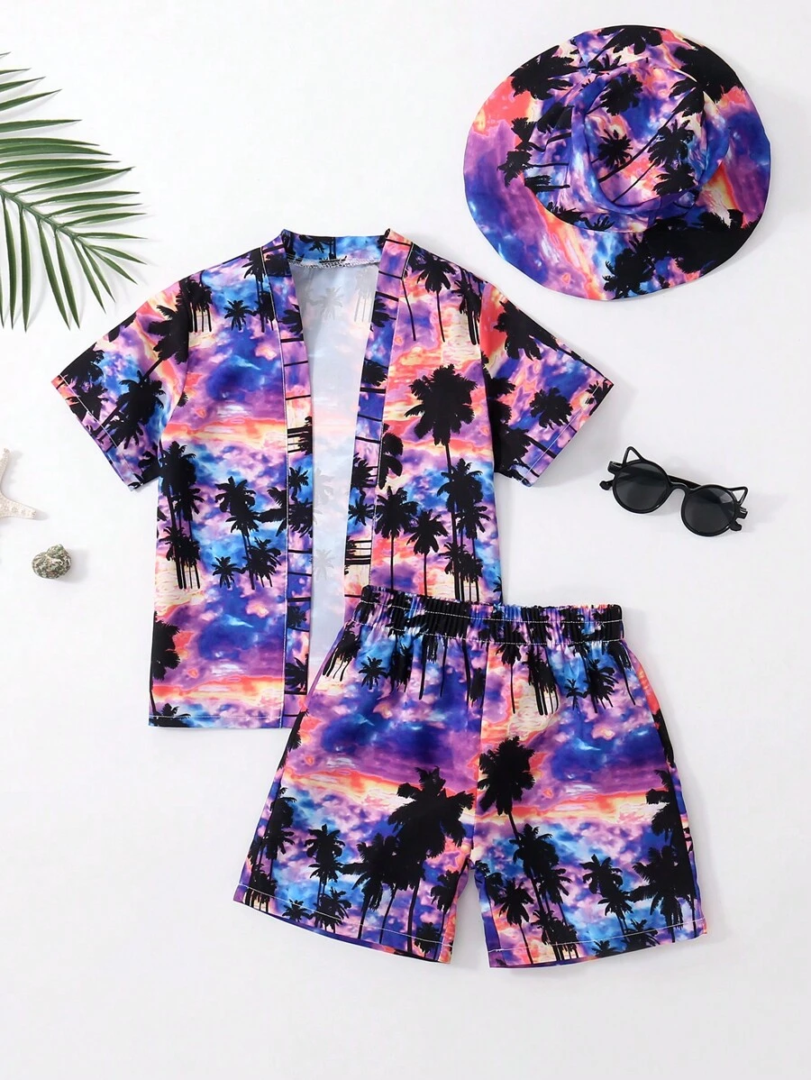 Young Boy Palm Tree Print Kimono & Swim Shorts | SHEIN USA
