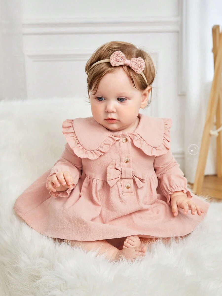 SHEIN Newborn Baby Girls' Cute Loose Fit Dress With Scalloped Hem, Bow ...