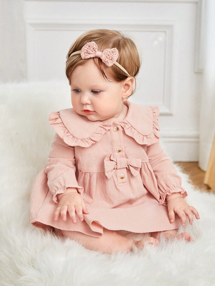 SHEIN Newborn Baby Girls' Cute Loose Fit Dress With Scalloped Hem, Bow ...