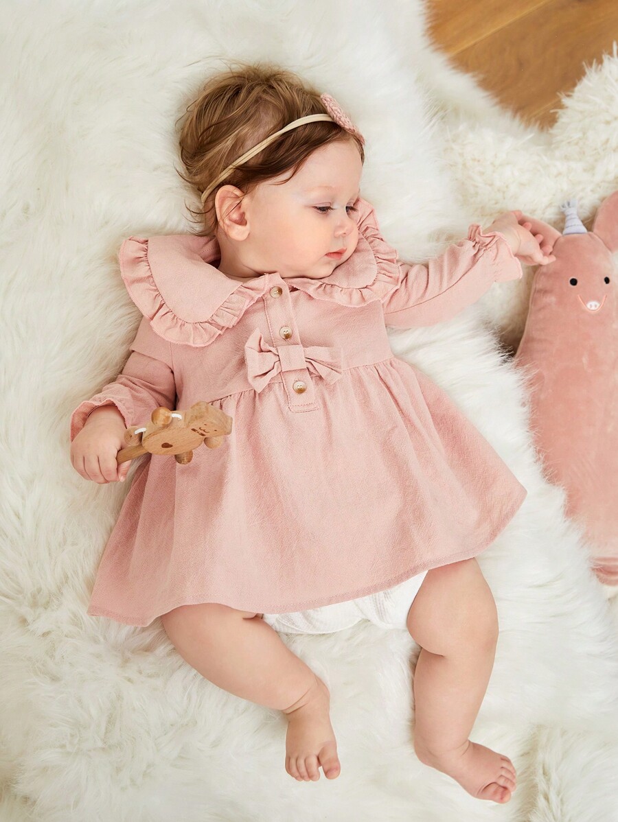 SHEIN Newborn Baby Girls' Cute Loose Fit Dress With Scalloped Hem, Bow ...
