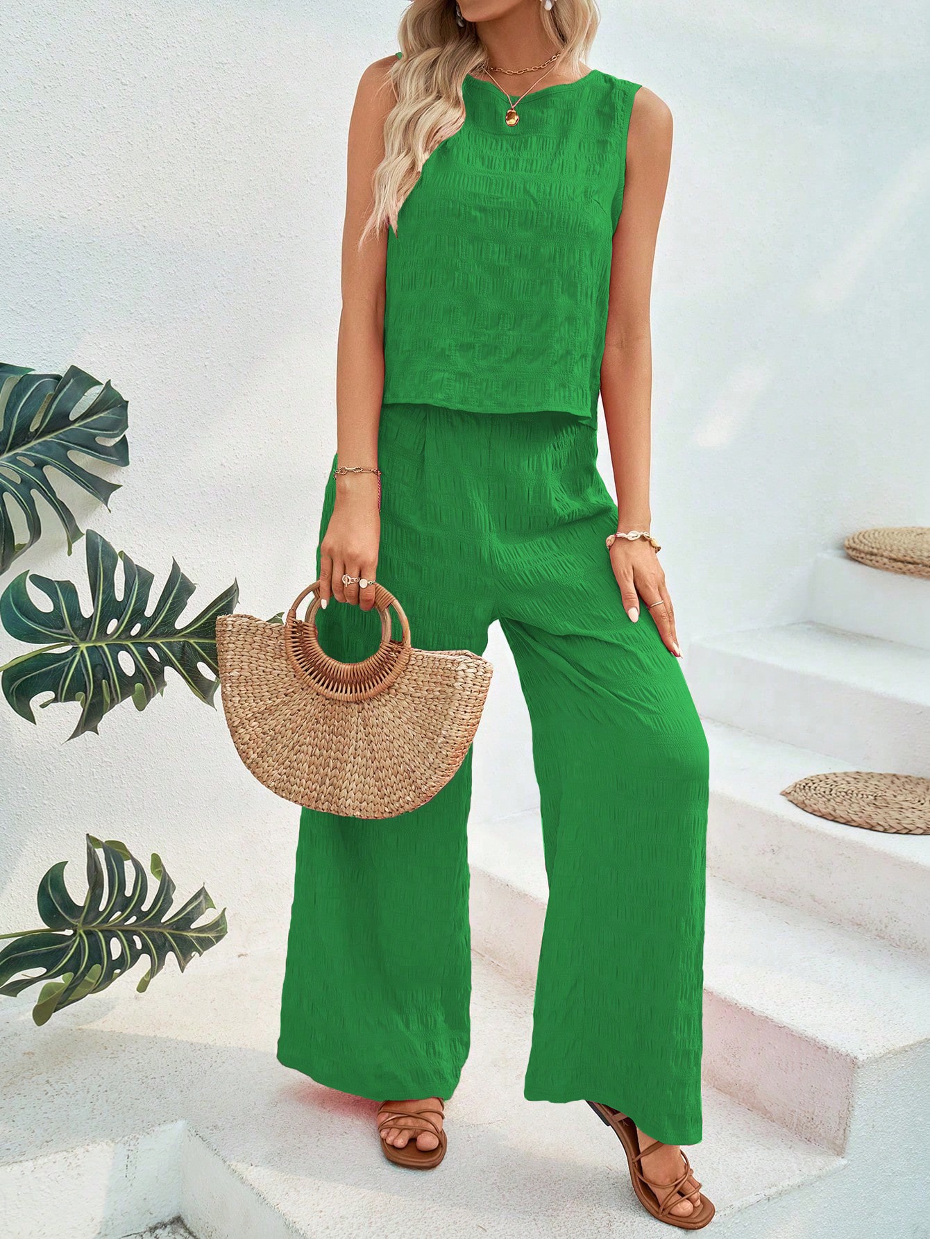 Shein Vcay Solid Top And Wide Leg Pants Shein Usa