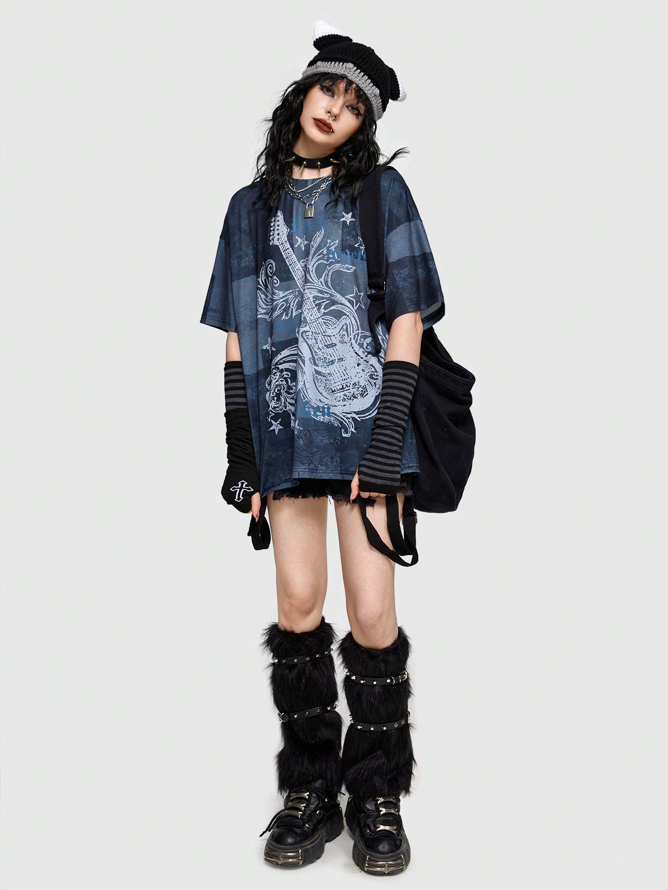 Grunge Punk Guitar Print Drop Shoulder Tee | SHEIN USA