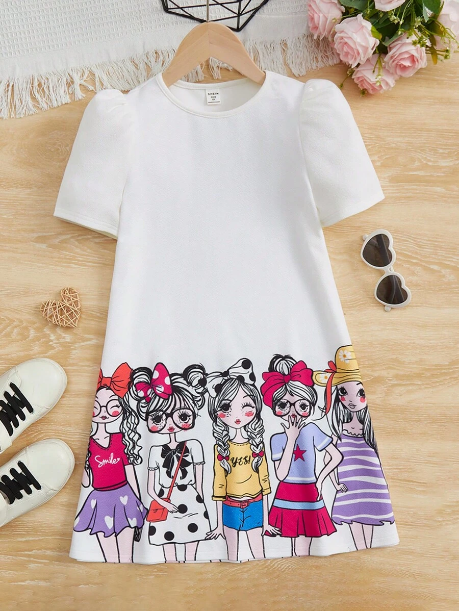 SHEIN Tween Girl Cartoon Figure Graphic Puff Sleeve Dress | SHEIN USA