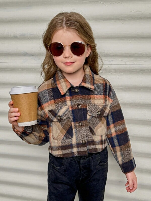 SHEIN Little Girls' Woven Plaid Double Patch Pocket Short Casual Jacket ...