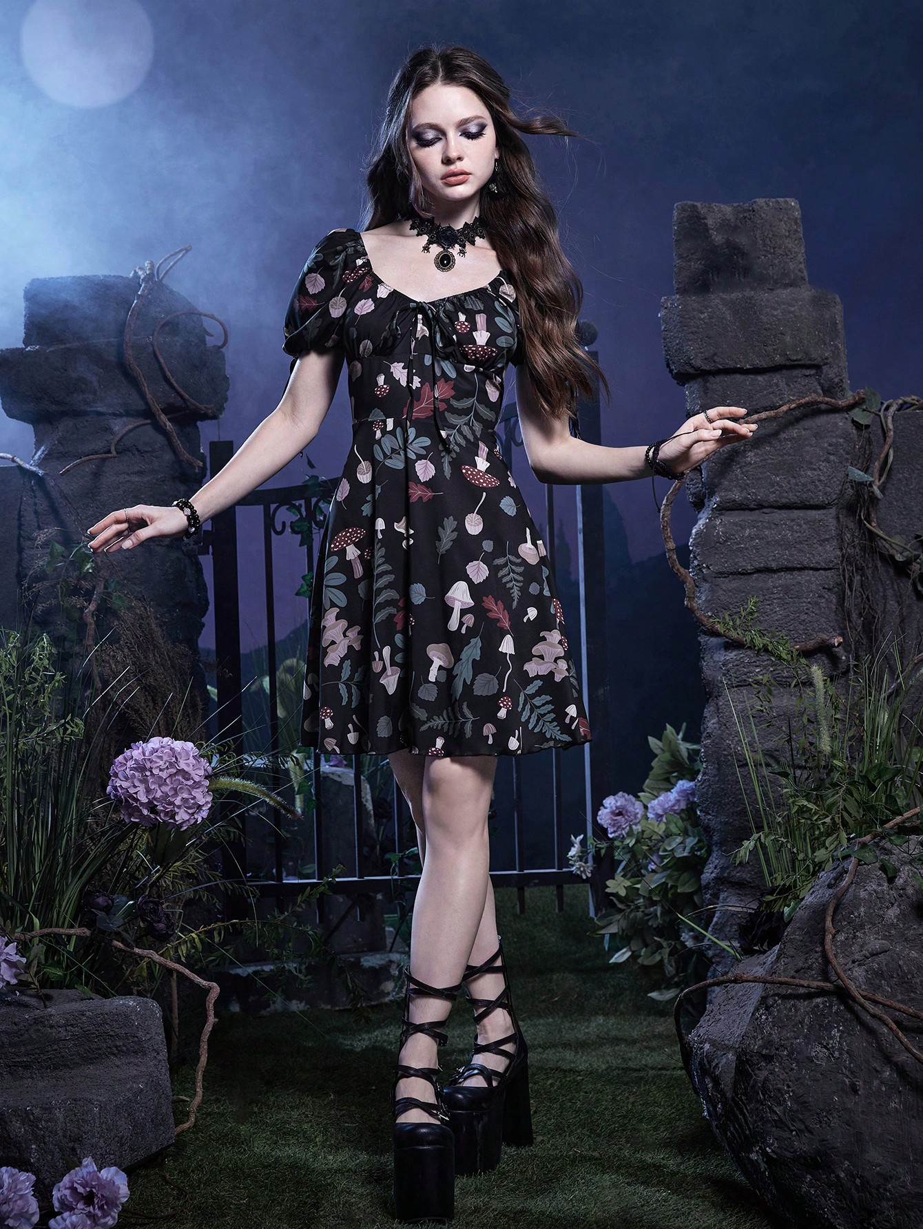 Inna Moreva Goth Mushroom Print Puff Sleeve Dress | SHEIN UK