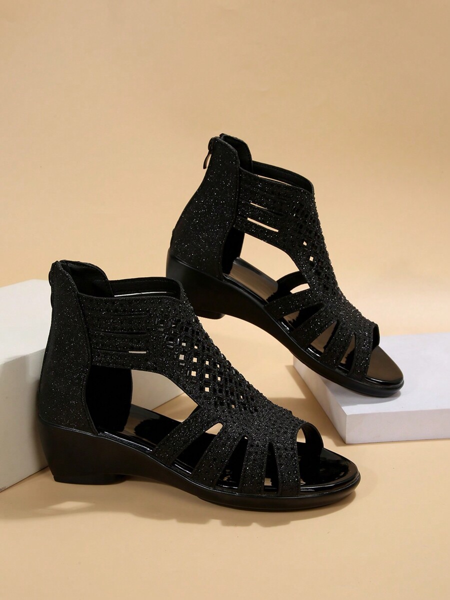 Women Rhinestone Decor Hollow Out Zipper Back Gladiator Sandals ...