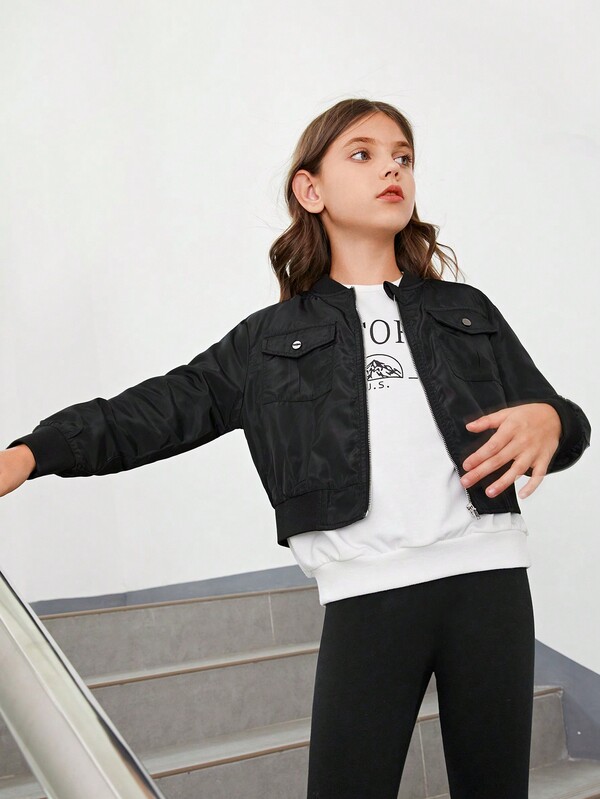 SHEIN Adolescent Fille Bomber Poche À Rabat Épaule tombante Zippé ...