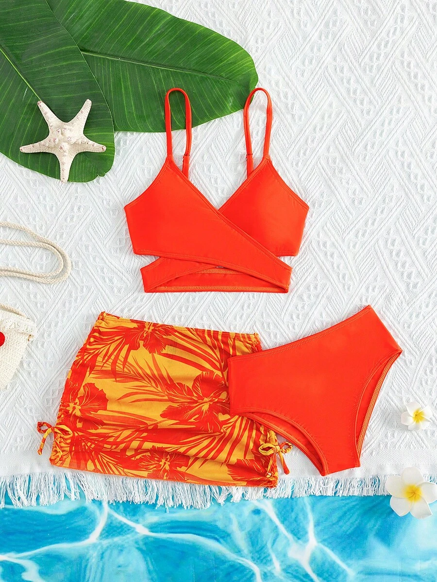 SHEIN Tween Girl 1set Wrap Bikini Set With 1pc Tropical Print Cover Up ...