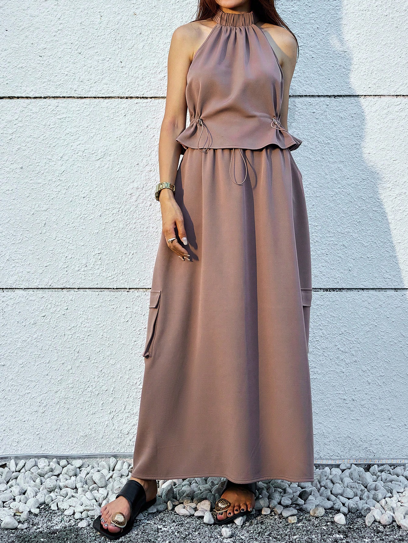 Solid Halter Top & Flap Pocket Side Skirt | SHEIN USA