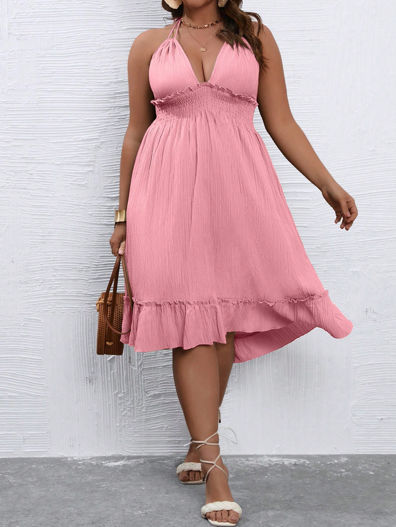 SHEIN VCAY Plus Tie Backless Ruffle Hem Halter Dress | SHEIN USA