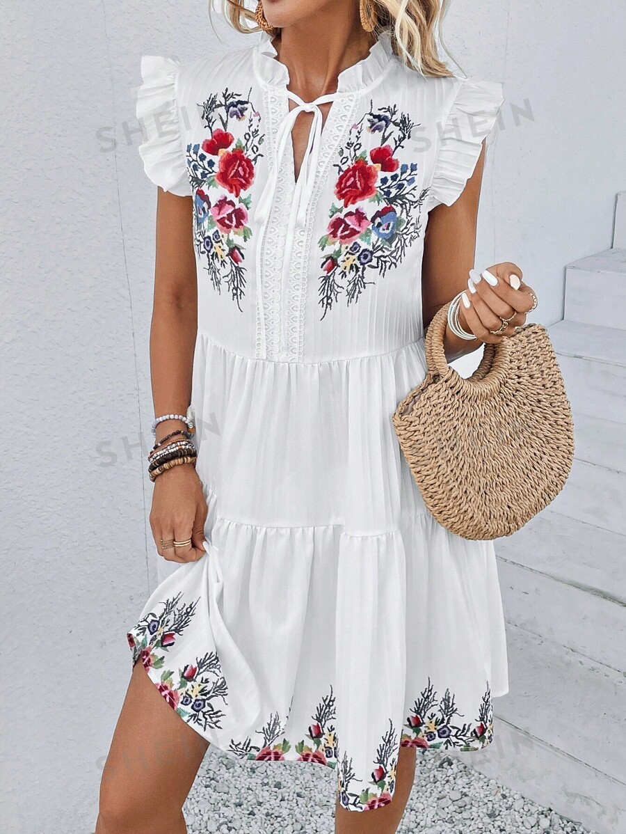 SHEIN LUNE Summer Easter White Floral Print Women's Dress With Ruffle ...