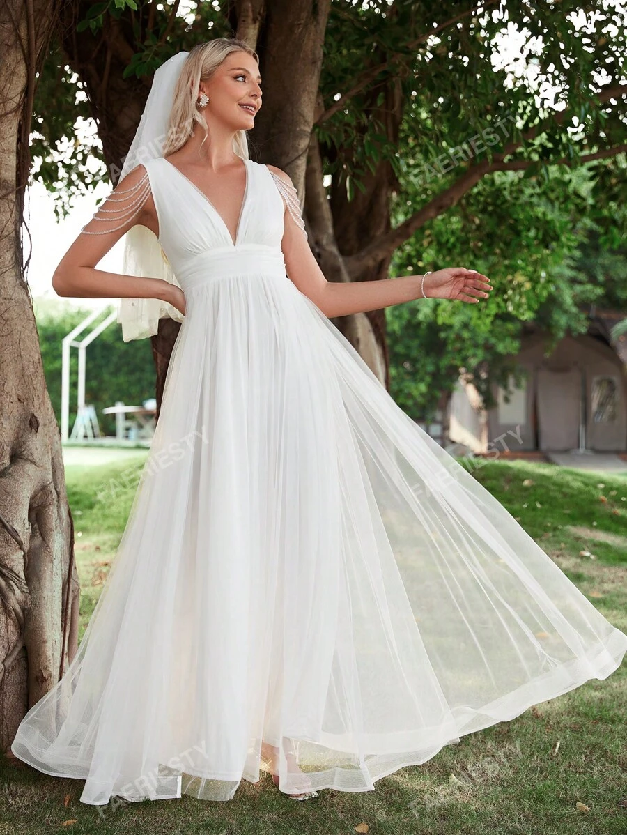 Contrast Mesh V Neck Wedding Dress White Elegant Bridal Dress | SHEIN USA