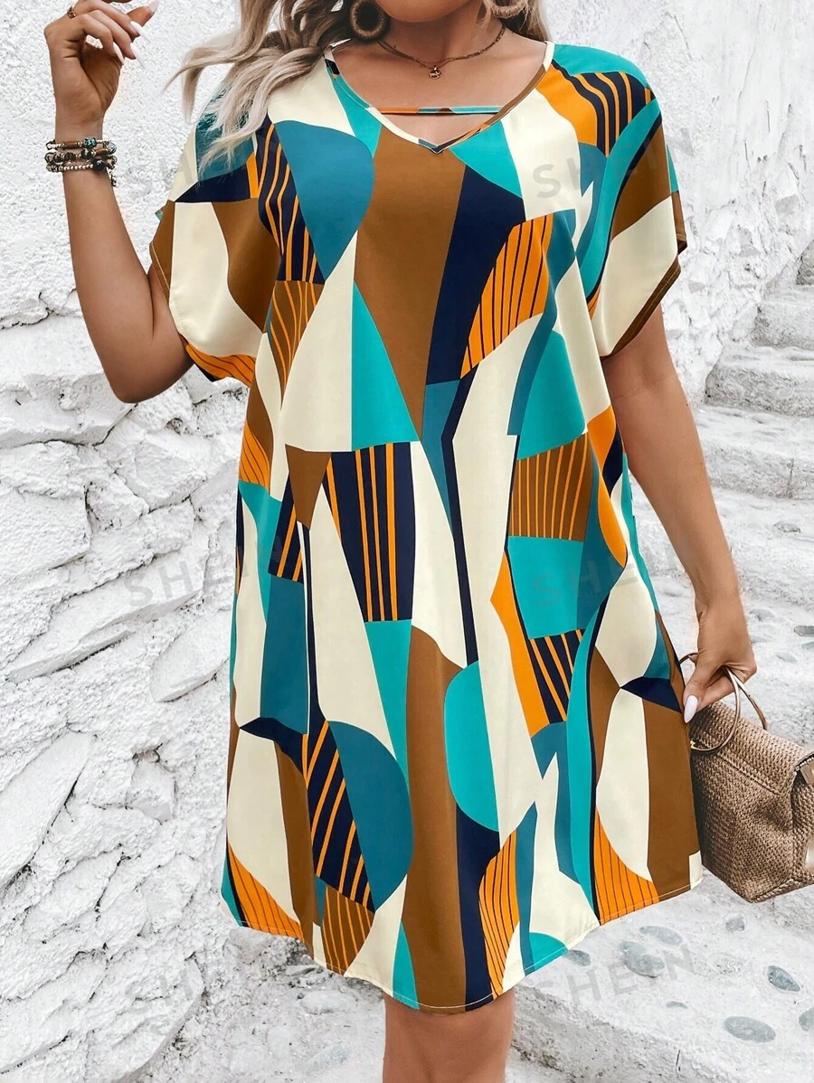 SHEIN CURVE+ Plus Size Spring Break Women'S Geometric Pattern Bat-Wing ...