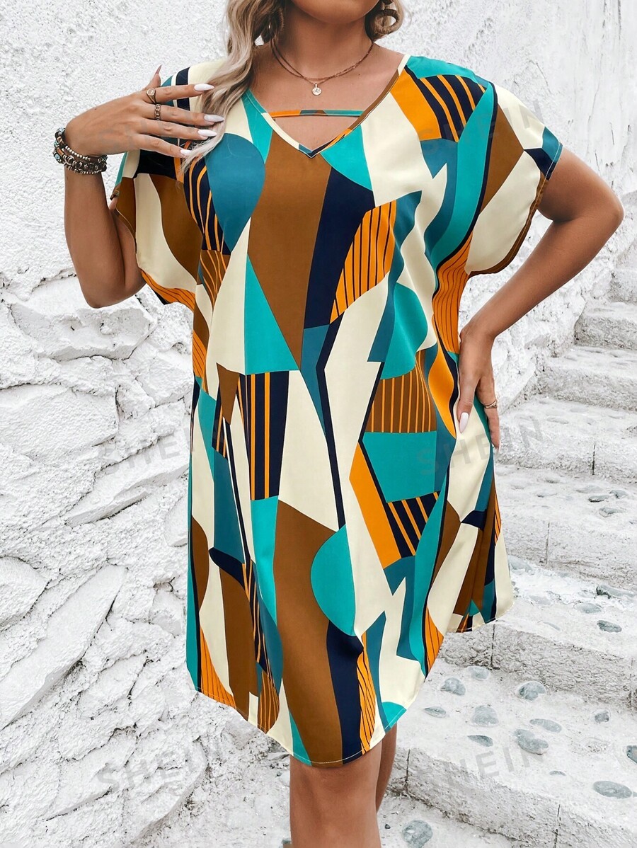 SHEIN CURVE+ Plus Size Spring Break Women'S Geometric Pattern Bat-Wing ...