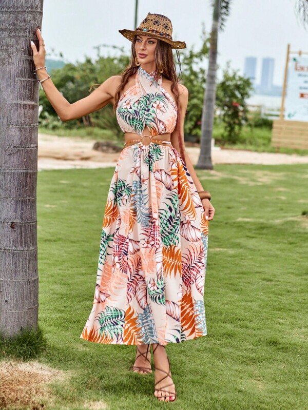 SHEIN VCAY Tropical Print Crisscross Tie Backless Halter Neck Slit Hem ...