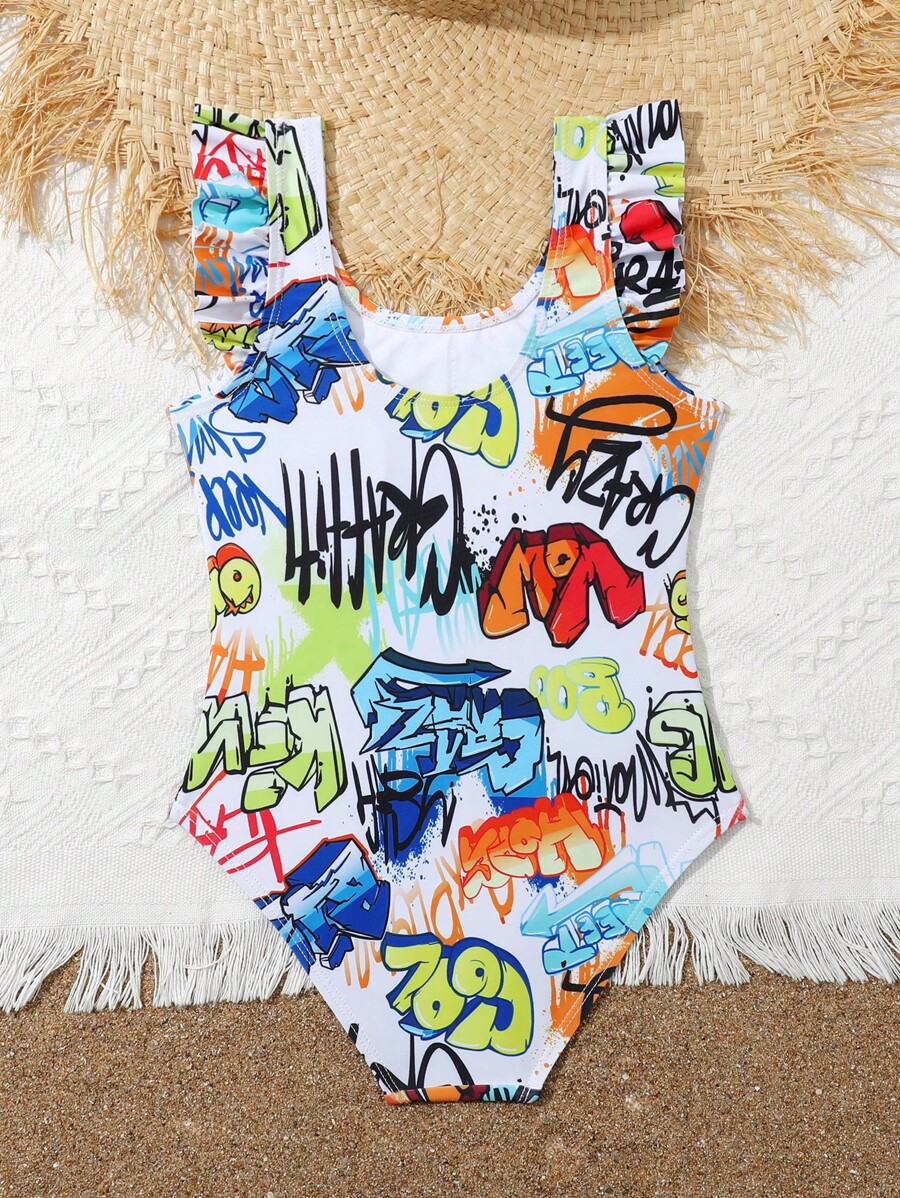 Tween Girl Letter Graphic Ruffle Trim One Piece Swimsuit Shein Usa