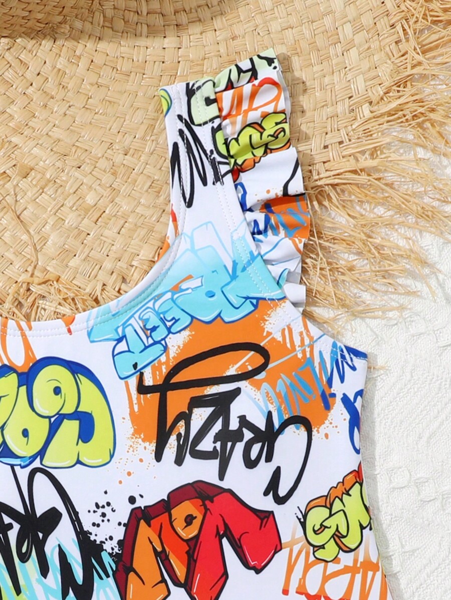 Tween Girl Letter Graphic Ruffle Trim One Piece Swimsuit Shein Usa