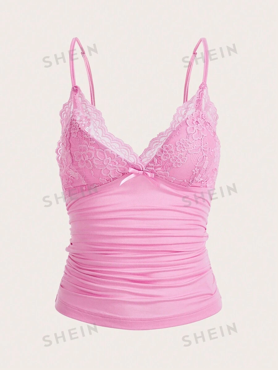 SHEIN Sweetina Contrast Lace Bow Front Y2k Cami Top | SHEIN USA