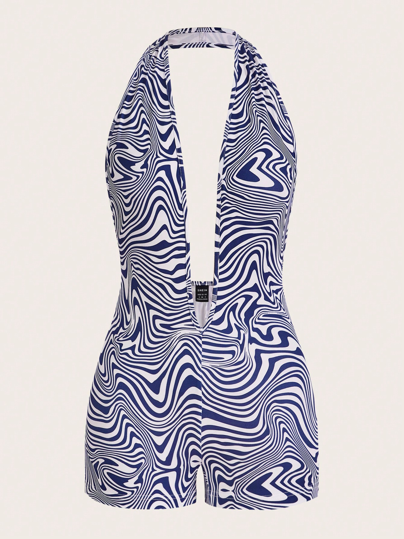 SHEIN ICON Marbled Print Backless Halter Neck Unitard Romper | SHEIN USA