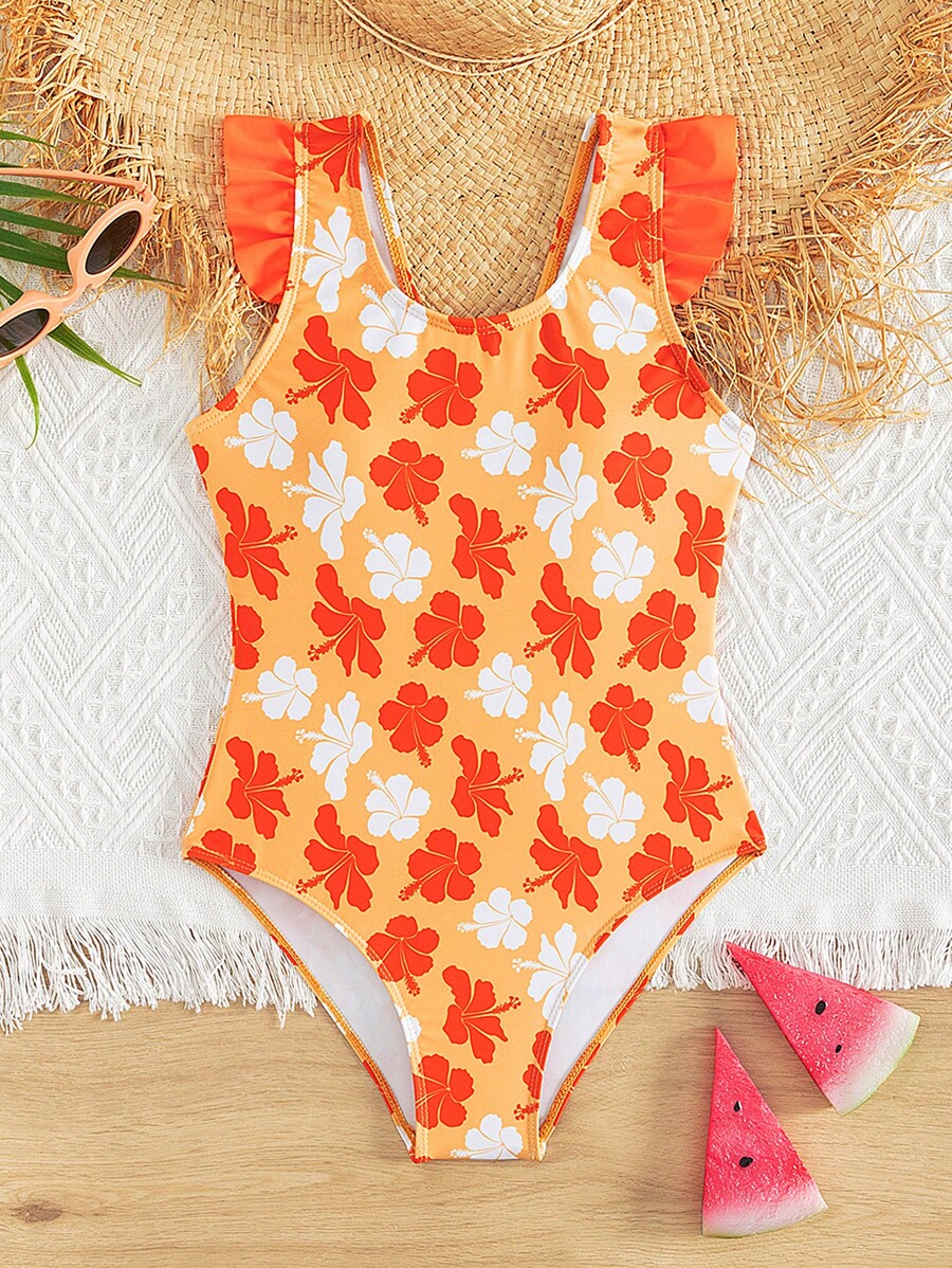 Tween Girl Summer Beach Floral Print Ruffle Trim One Piece Swimsuit ...