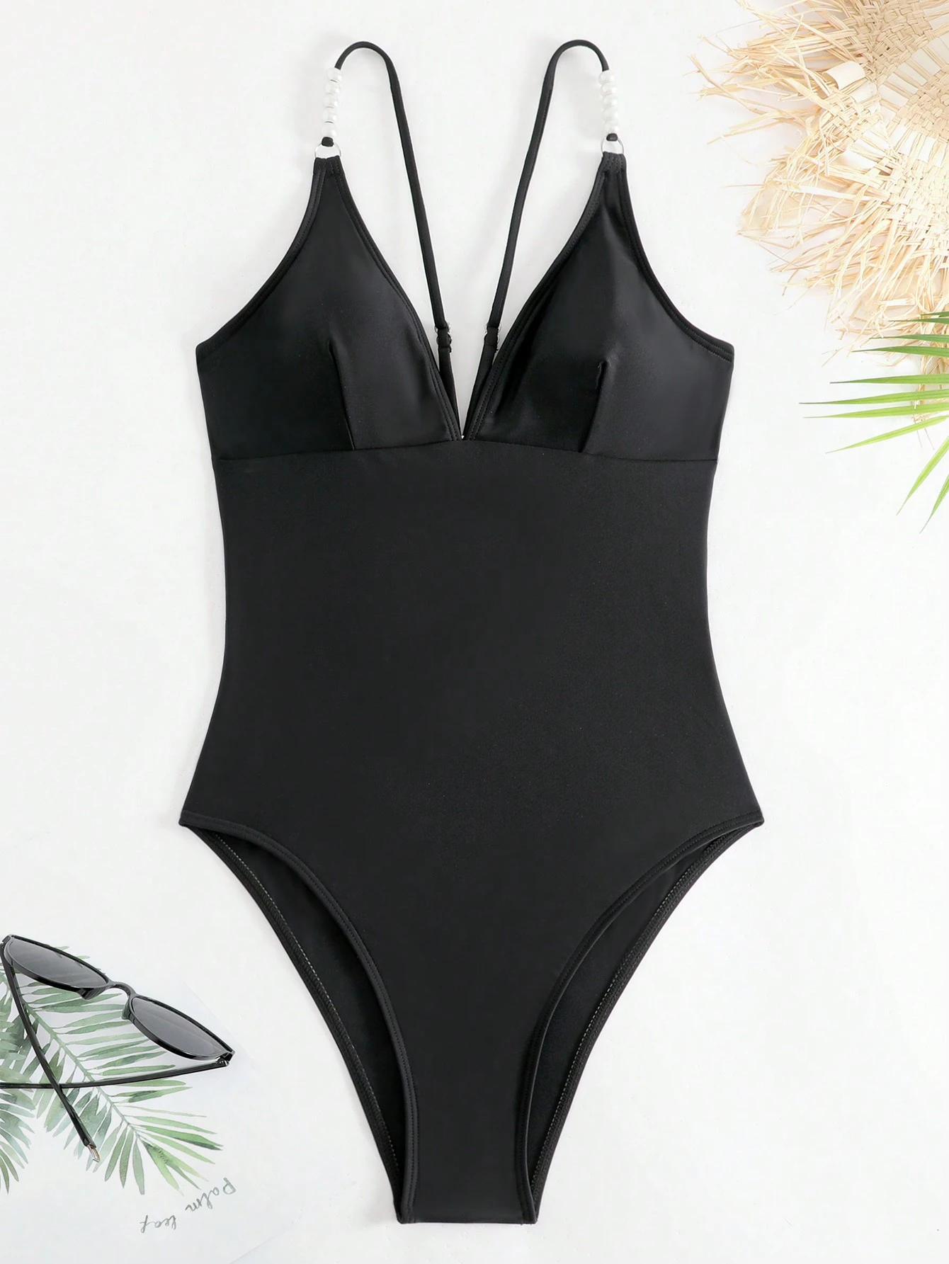 SHEIN Swim Summer Beach Solid Plunging Neck Cami One Piece Swimsuit ...