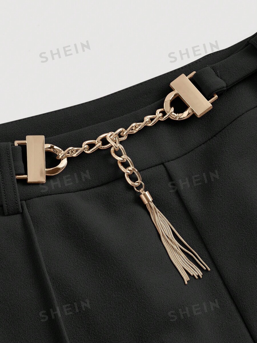SHEIN MOD Solid Toothpick Fold Metal Decoration Belted Suit Pants ...