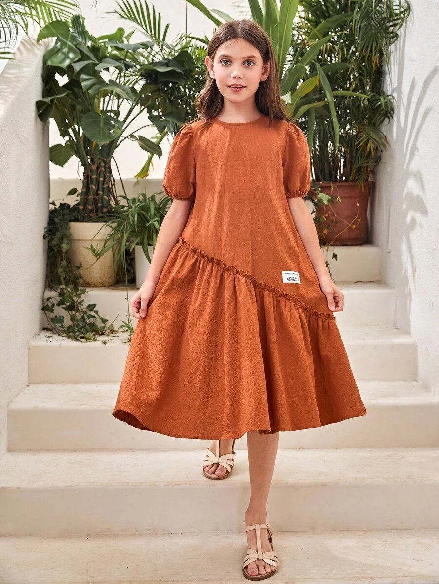 SHEIN Leap Crew Tween Girl Woven Solid Color Casual Dress With English ...