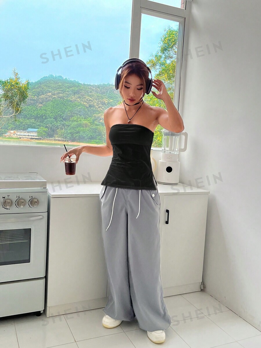 SHEIN EZwear Y2K Solid Tube Black Top | SHEIN USA