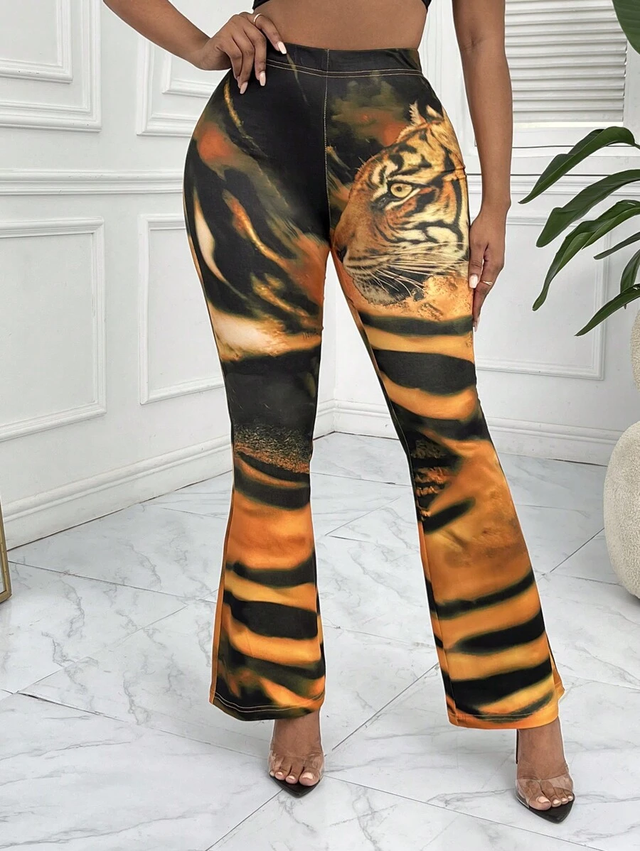 SHEIN SXY Tiger Print Flare Leg Pants | SHEIN USA