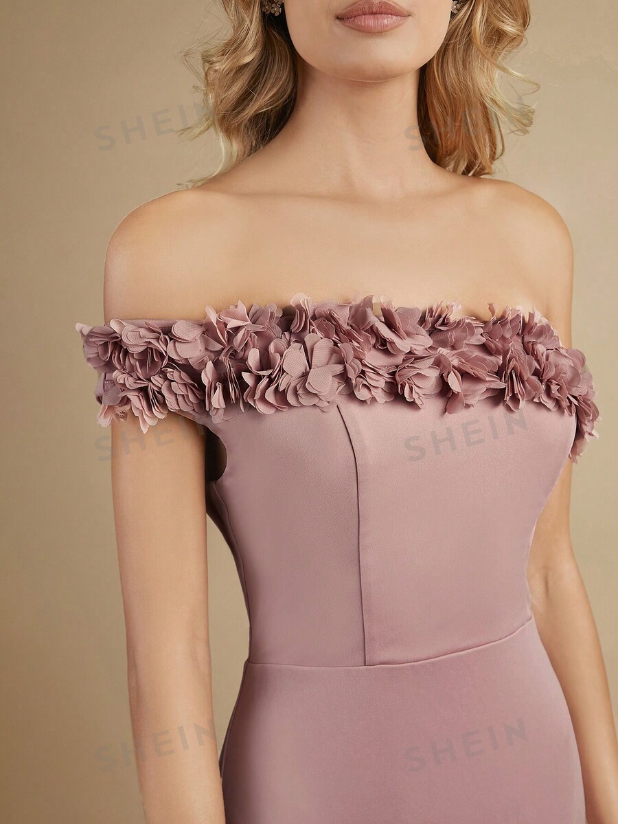 Shein Belle Asymmetrical Neck Ruffle Trim Split Thigh Bridesmaid Dress