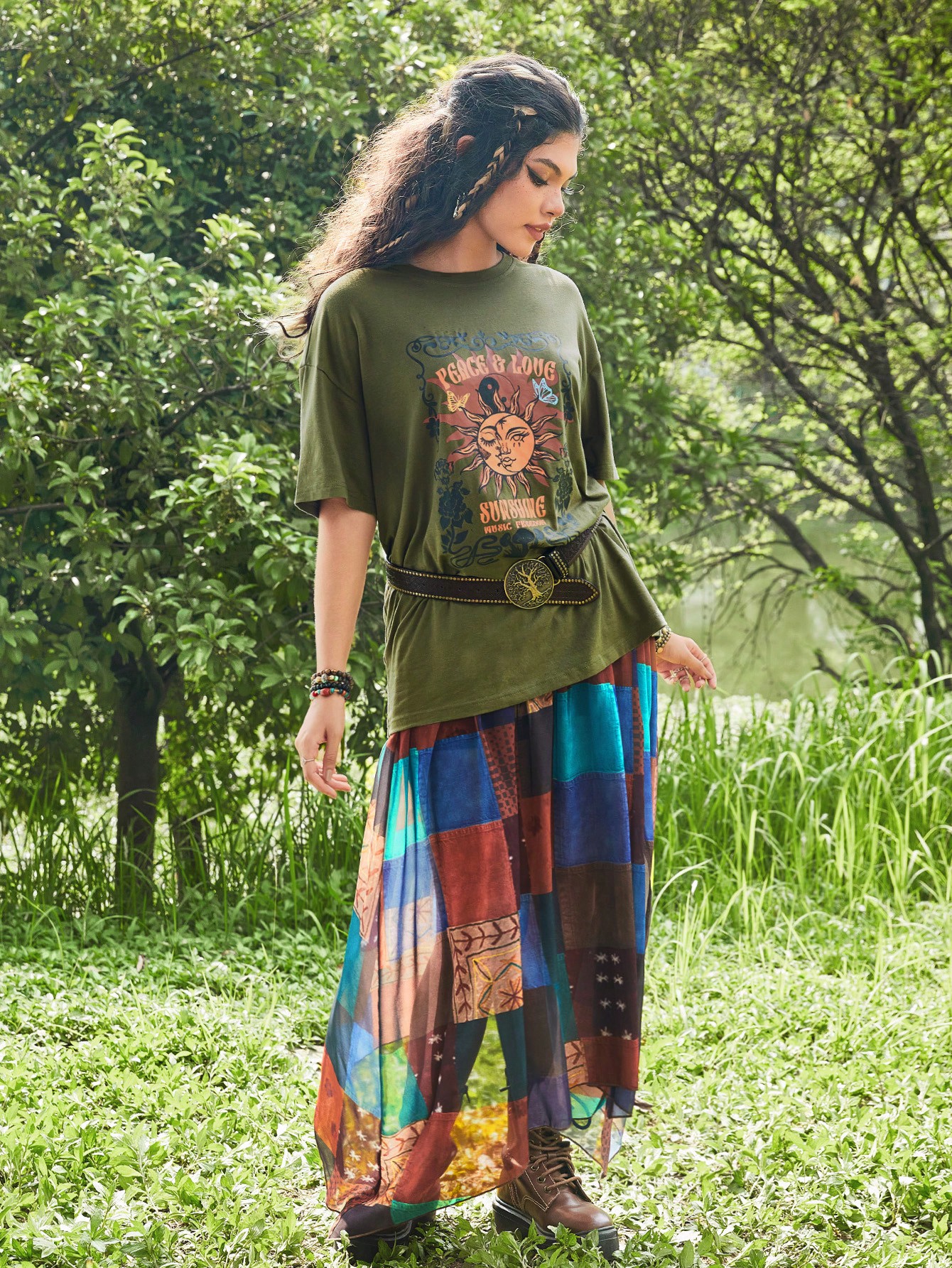 ROMWE Hippie Sun & Moon Graphic Drop Shoulder Tee | SHEIN USA