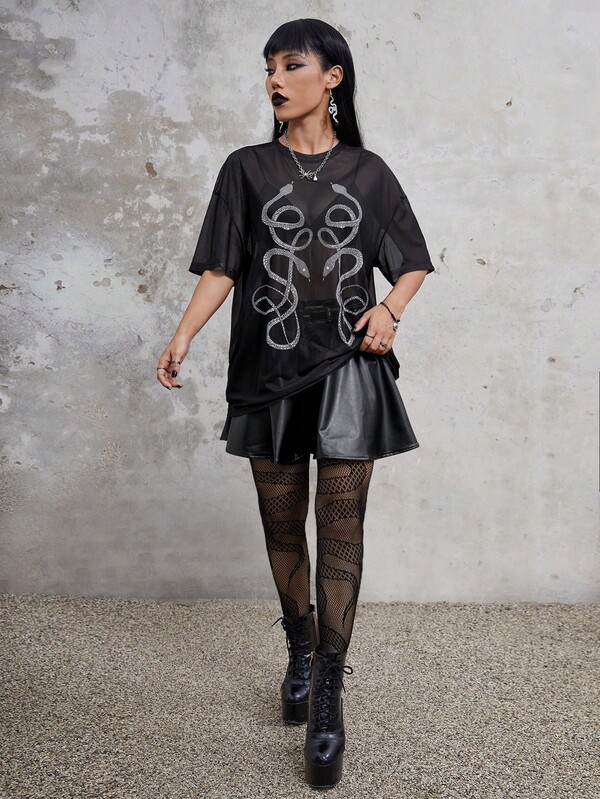 Goth Snake Print Drop Shoulder Mesh Top | SHEIN USA