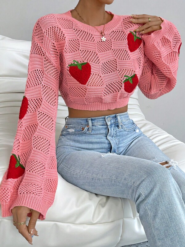 Shein Qutie Strawberry Pattern Pointelle Knit Drop Shoulder Crop