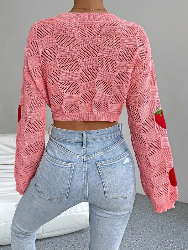 Shein Qutie Strawberry Pattern Pointelle Knit Drop Shoulder Crop