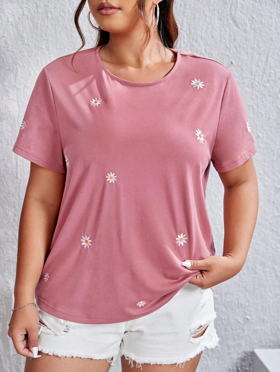 SHEIN Essnce Plus Valentine's Day Daisy Floral Embroidery Tee, Summer ...