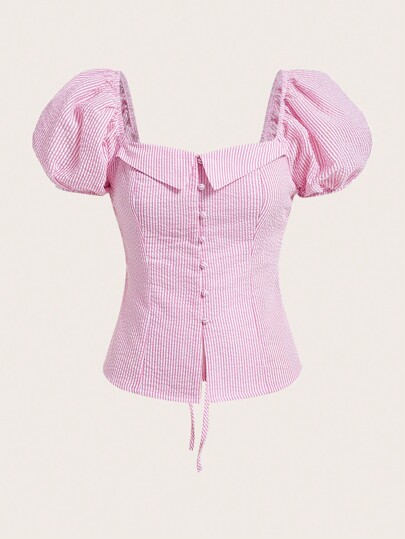 SHEINNeu Striped Puff Sleeve Button Front Blouse | SHEIN USA